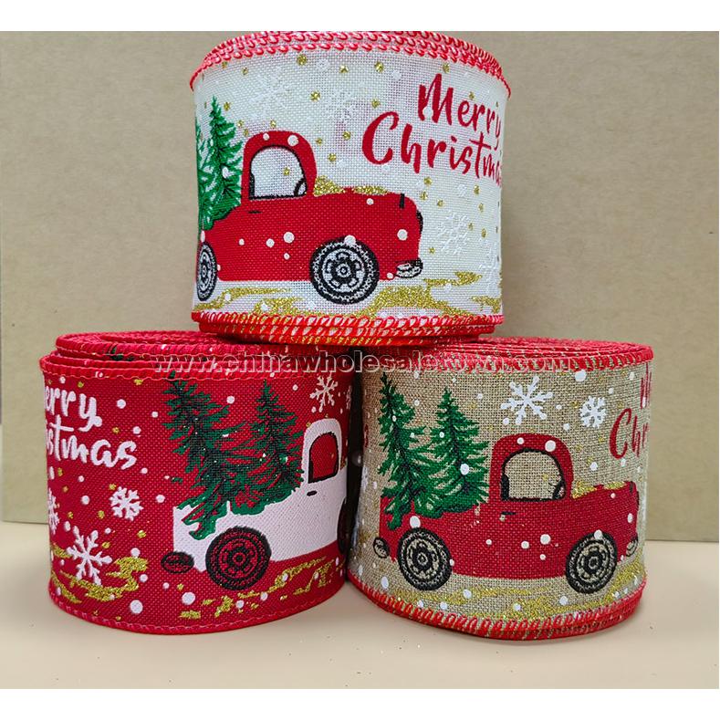 Custom Printed Christmas Wired Ribbon 63mm Burlap Christmas Tree Linen ...